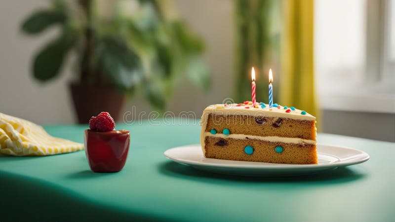 Birthday Cake Slice with 2 Two Candles a Realistic Scene of a Birthday ...