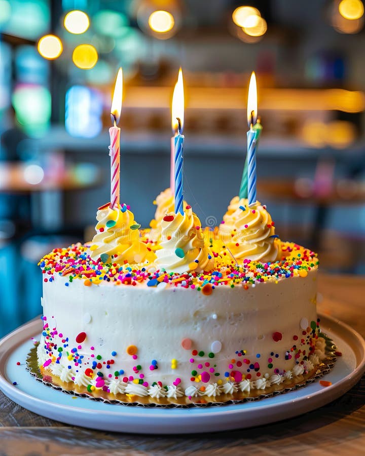 A Birthday Cake with Three Candles on Top Stock Image - Image of white ...