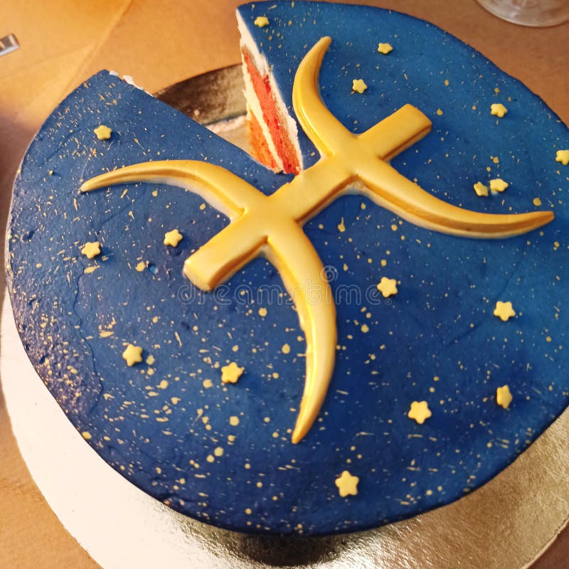 Cut Birthday Cake with Zodiac Sign of Fish Stock Photo - Image of ...