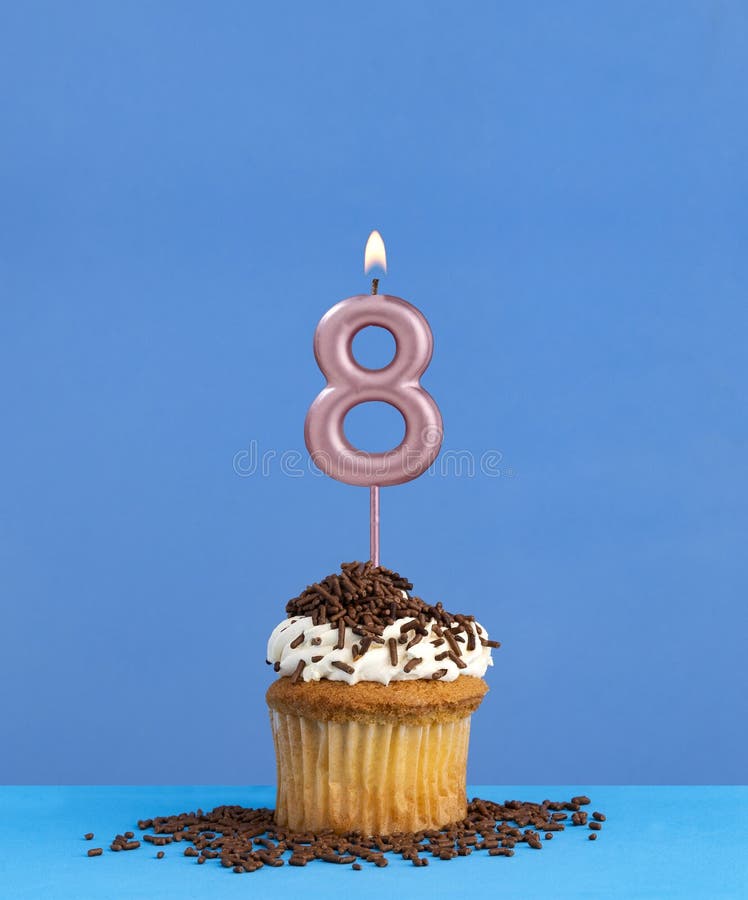 Birthday Candle with Cupcake on Blue Background - Number 8 Stock Image ...