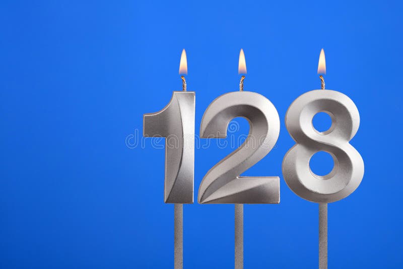 Birthday Candle Number 128 - Celebration Card on Blue Background Stock ...