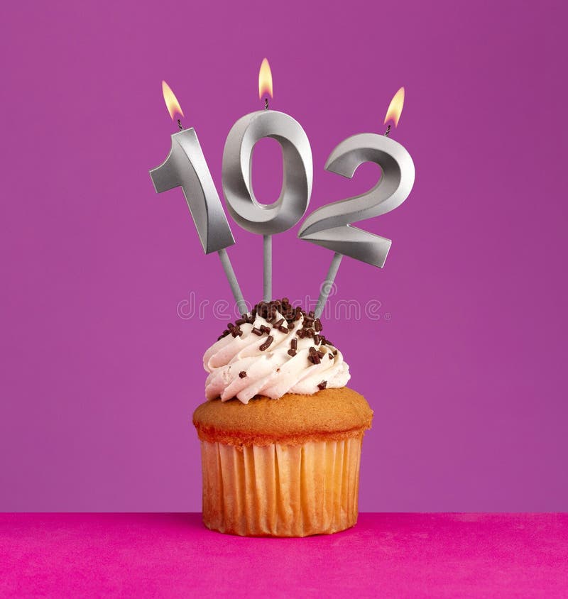 Birthday Candle Number 102 Cupcake Violet Background Stock Photos ...