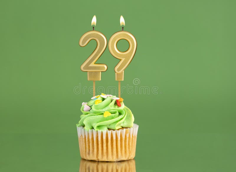 Birthday Card with Candle and Cupcake - Number 29 on a Green Background ...