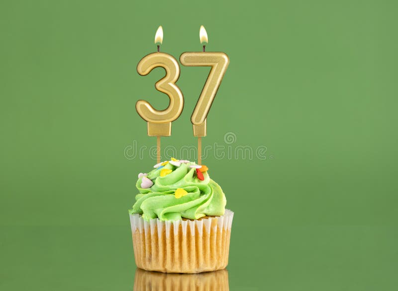 Birthday Card Candle Cupcake Number 37 Green Background Stock Photos ...