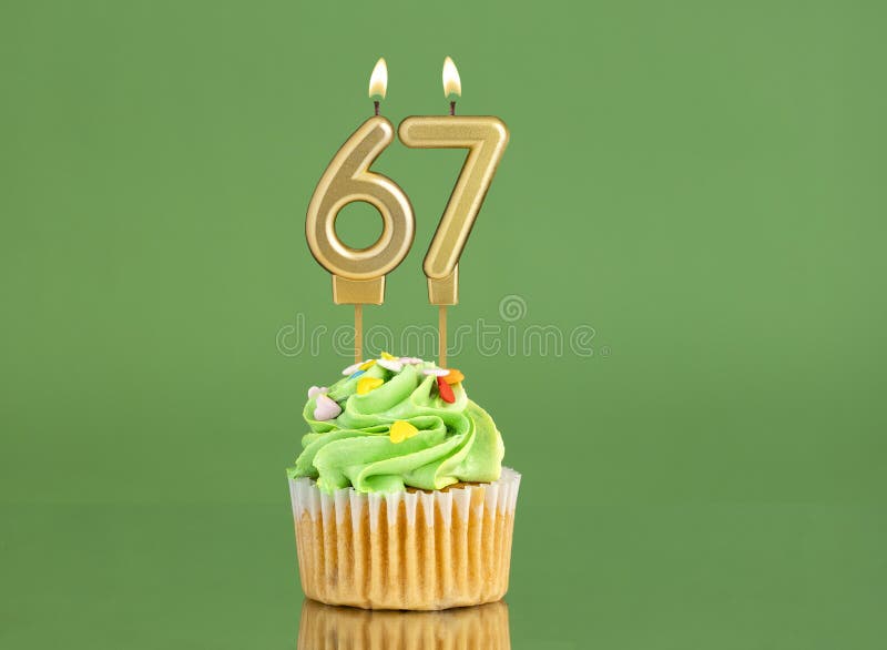 Birthday Card Candle Cupcake Number 67 Green Background Stock Photos ...