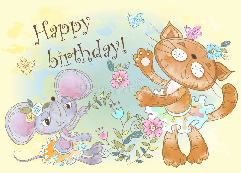 Birthday Card with Cute Cat and Mouse. Vector Stock Vector ...