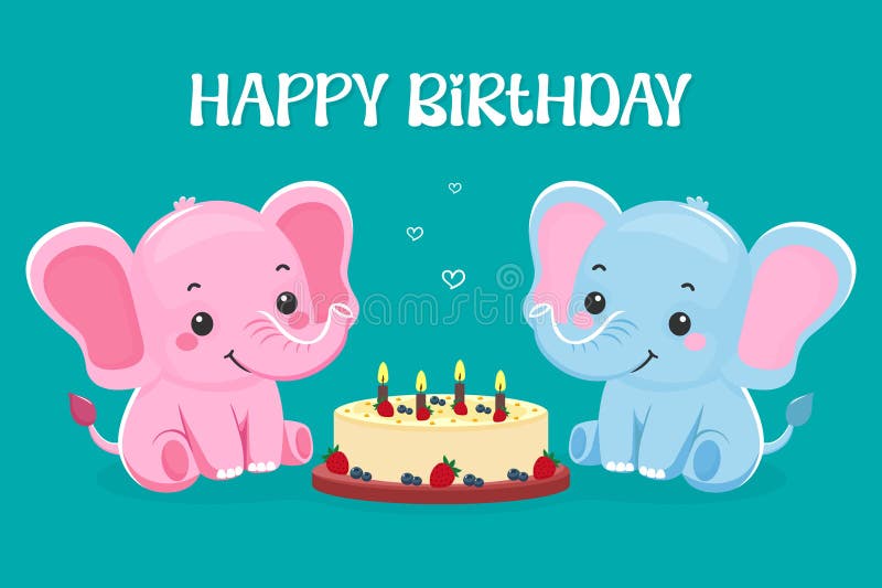 Birthday Card with Cute Elephants Flat Vector Illustration Stock Vector ...