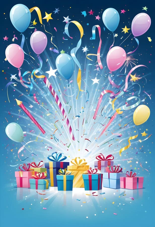 A Birthday Card with a Birthday Gift Boxes, Balloons, Confetti and ...