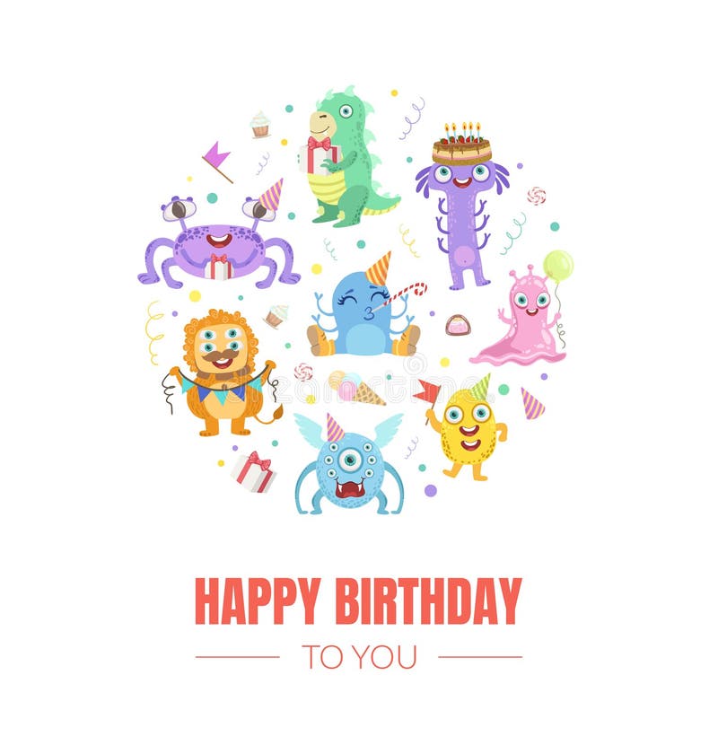Birthday Card with Cute Monsters. Vector Illustration. Stock Vector ...