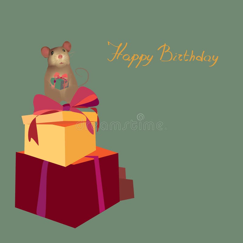 Birthday Card with Present Boxes and Mouse Holding Gift Stock Vector ...