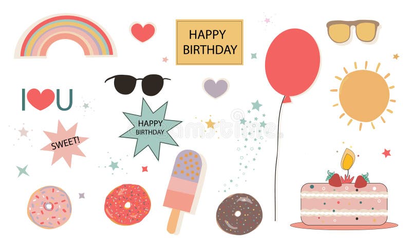 Birthday Card Sticker Set Vector Stock Vector - Illustration of cake ...