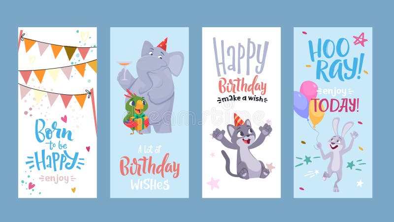 Birthday Cards. Print Template Cards with Cartoon Animals Stock Vector ...