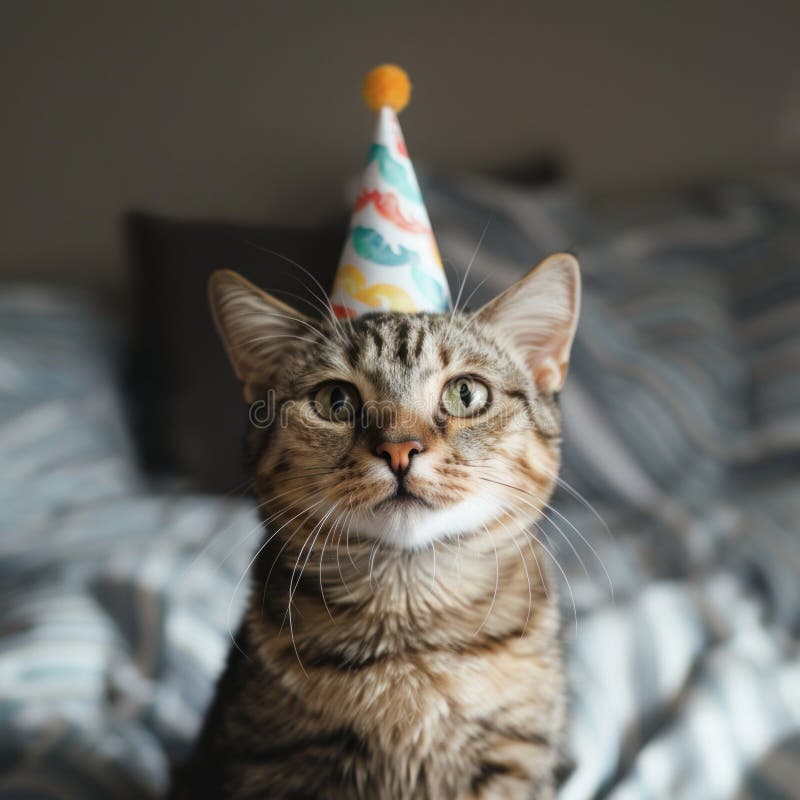 Birthday Cat Wearing a Party Hat Stock Photo - Image of animal ...