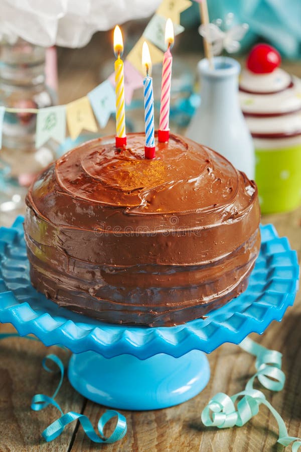 Birthday Chocolate Cake stock image. Image of plate, three - 53519875