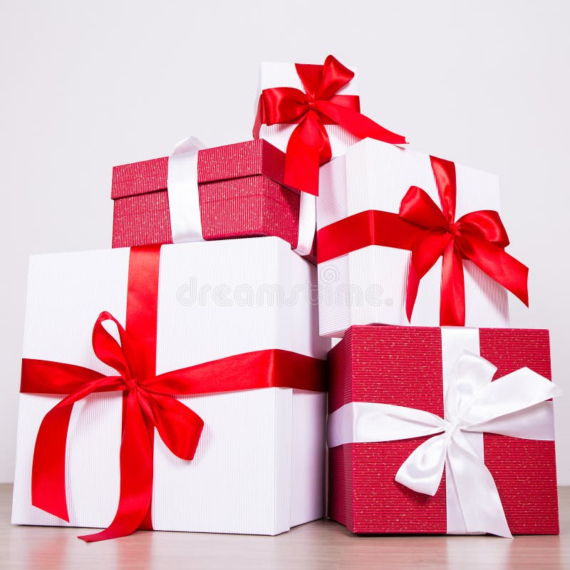Birthday or Christmas Concept - Red and White Gift Boxes Stock Photo ...