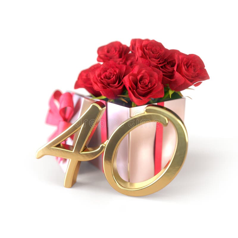 Birthday Concept with Red Roses in the Gift on Wooden Desk. Fortieth ...