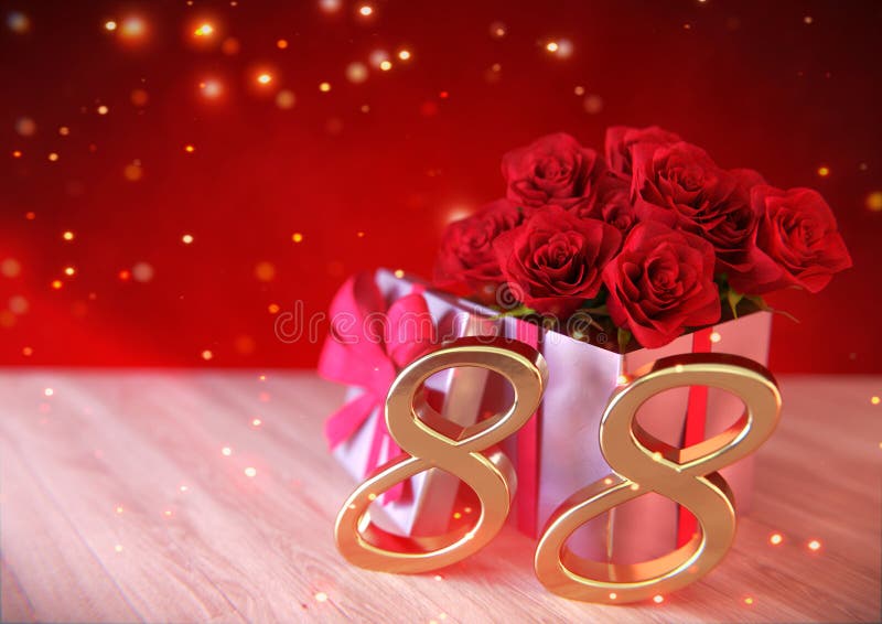 Birthday Concept with Red Roses in Gift on Wooden Desk. Eighty-eighth ...