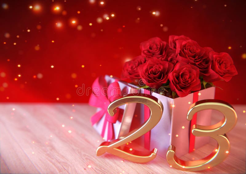 Birthday Concept with Red Roses in the Gift on Wooden Desk. Twenty ...