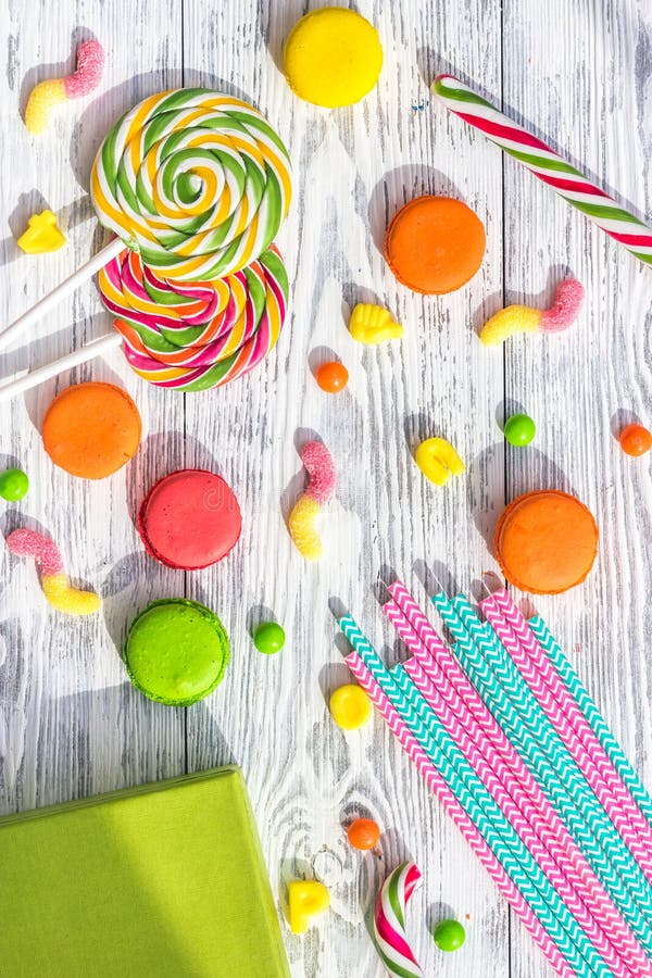 Birthday Concept with Wrapped Gift and Sweets on Grey Background Top ...