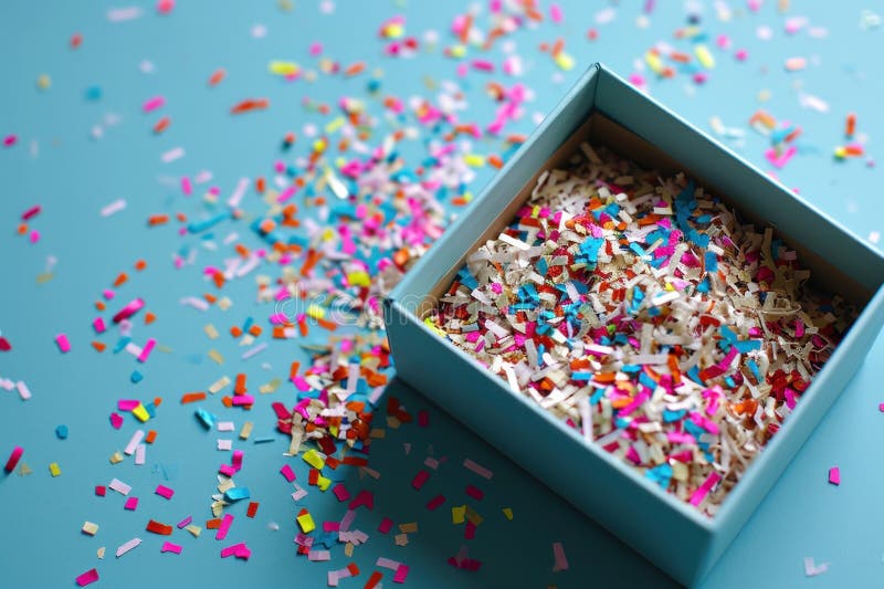 Birthday Confetti in a Box with a Box on a Blue Table Stock Image ...