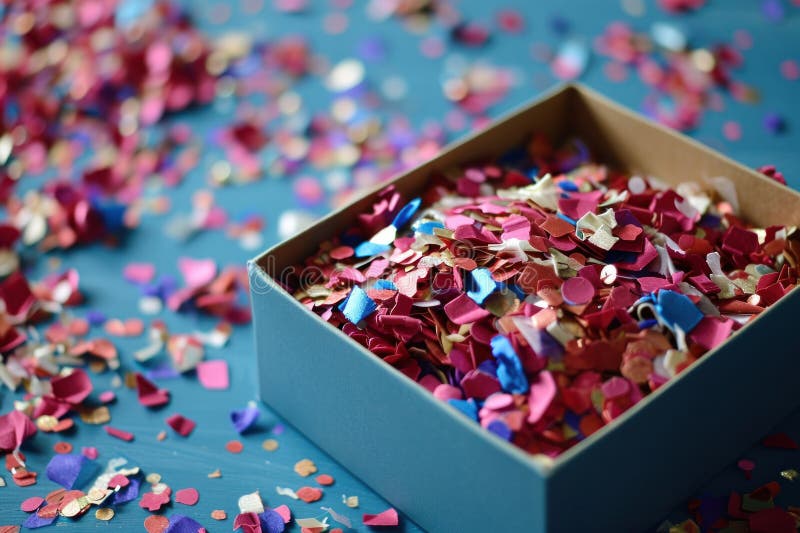 Birthday Confetti in a Box with a Box on a Blue Table Stock ...