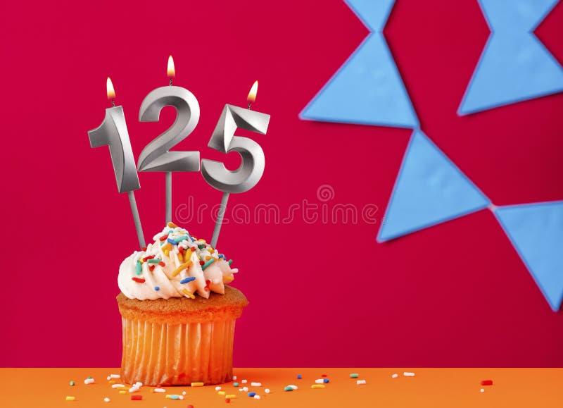 Birthday Cupcake with Candle Number 125 on a Red Background with Blue ...