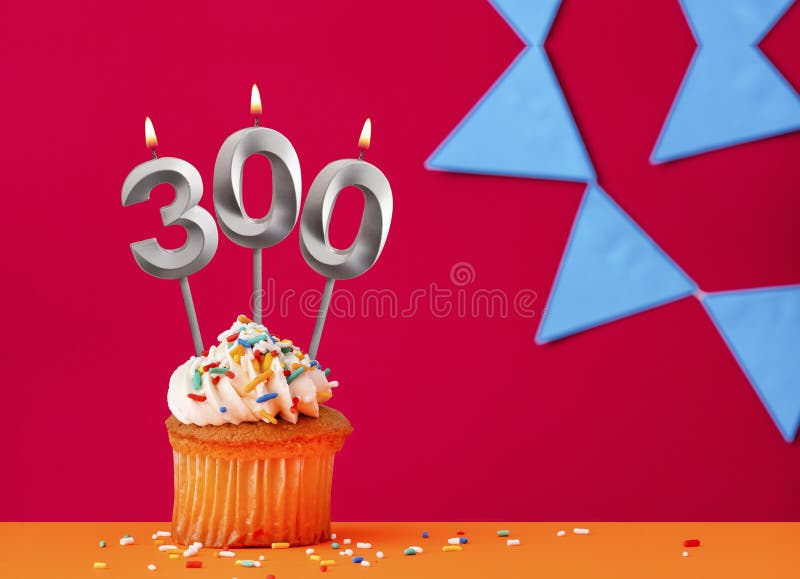 Birthday Cupcake with Candle Number 300 on a Red Background with Blue ...