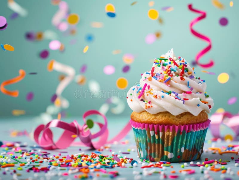 Birthday Cupcake with Confetti and Streamers Stock Illustration ...