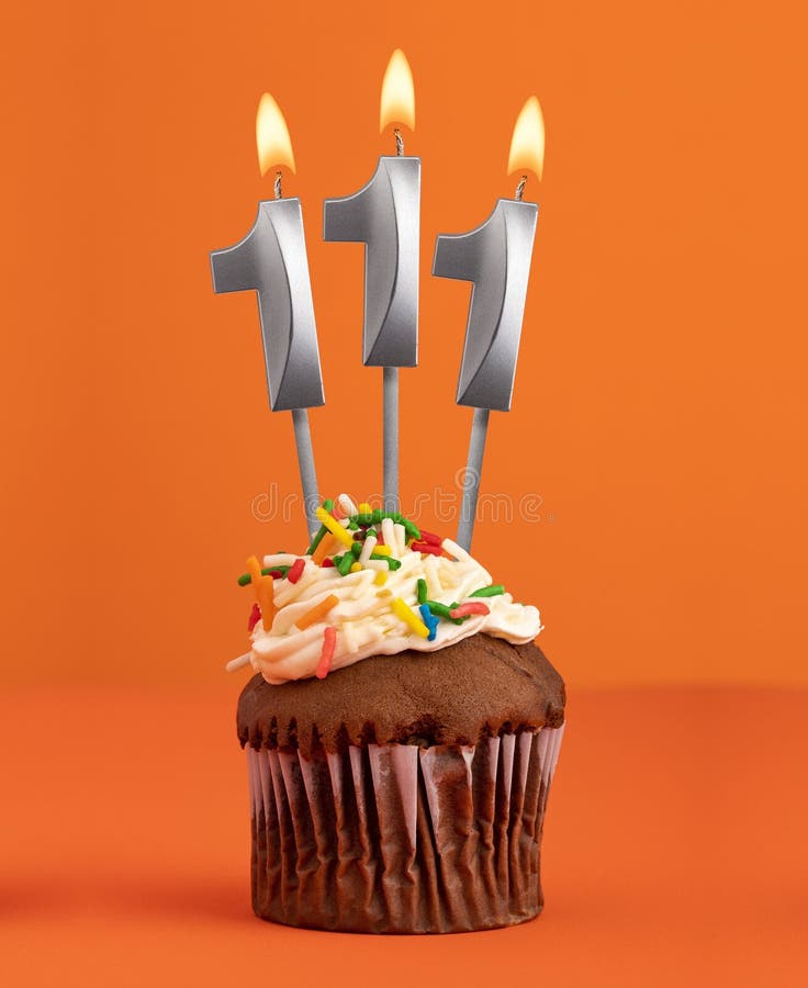Birthday Cupcake with Number 111 Candle - Orange Color Background Stock ...