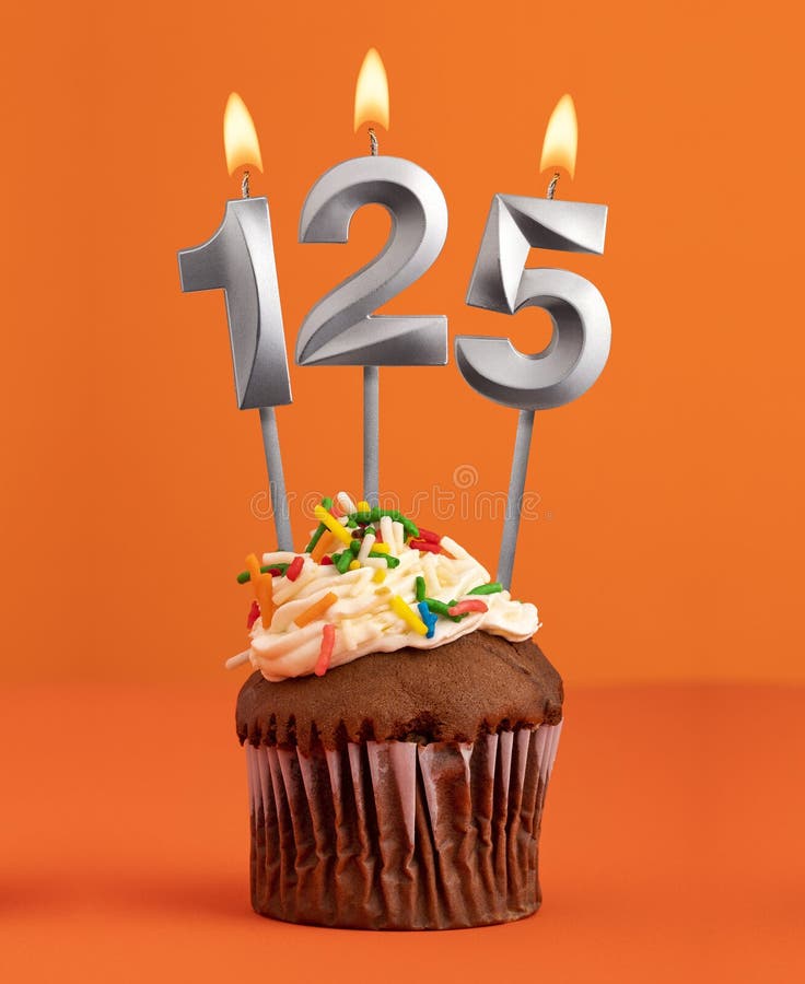 Birthday Cupcake with Number 125 Candle - Orange Color Background Stock ...
