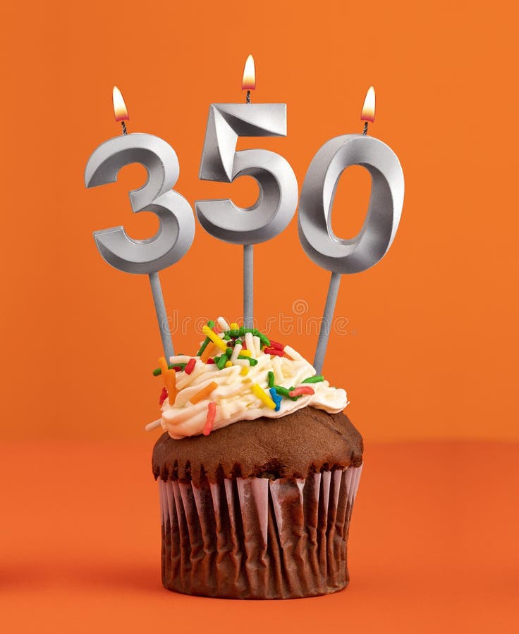 Birthday Cupcake with Number 350 Candle - Orange Color Background Stock ...