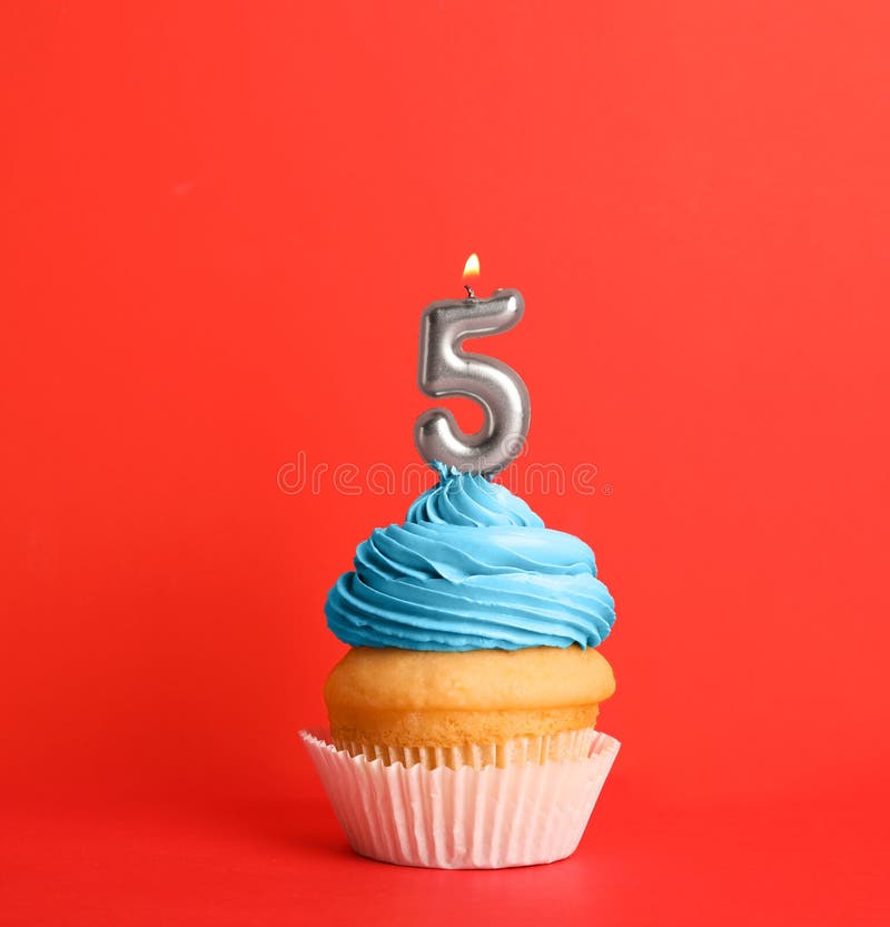 Birthday Cupcake With Number Five Candle On Red Stock Photo - Image of ...