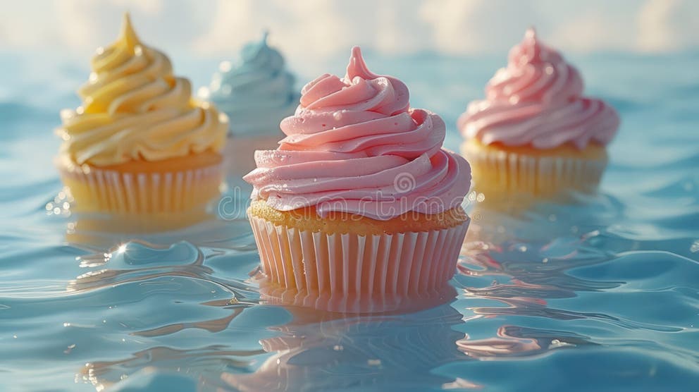 Birthday Cupcakes Float in Water at Pool Summer Party. Generative AI ...