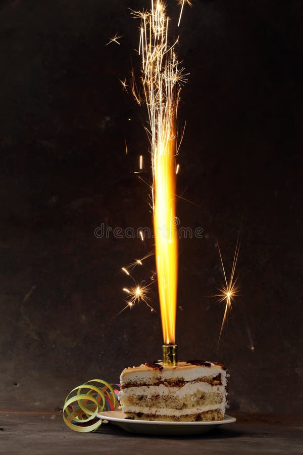 Birthday Dessert Cake with Lighted Fireworks Stock Image - Image of ...