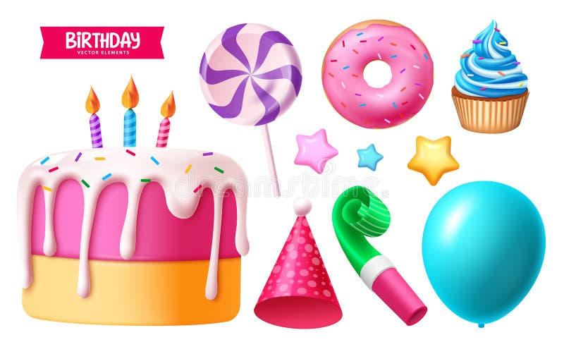 Birthday Elements Vector Set Design. Birthday Objects Element Like Cake ...