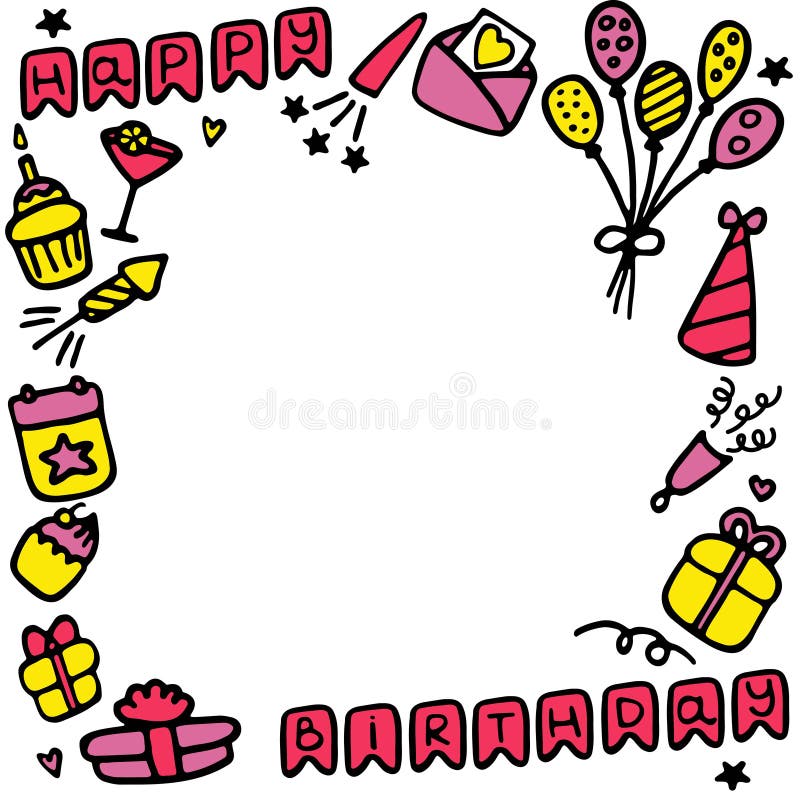 Birthday Frames. Celebration B-day Icon Set. Hand Drawn Elements Stock ...