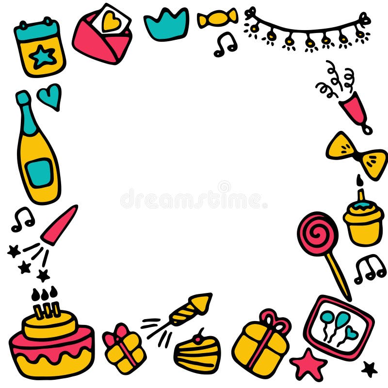 Birthday Frames. Celebration B-day Icon Set. Hand Drawn Elements Stock ...