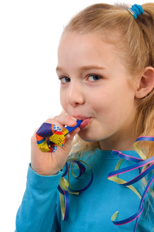 Little Girl with Birthday Hat and Trumpet Party Stock Photo - Image of ...