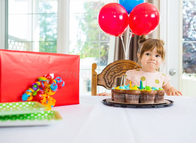 Birthday Girl with Cake and Present on Table Stock Photo - Image of ...