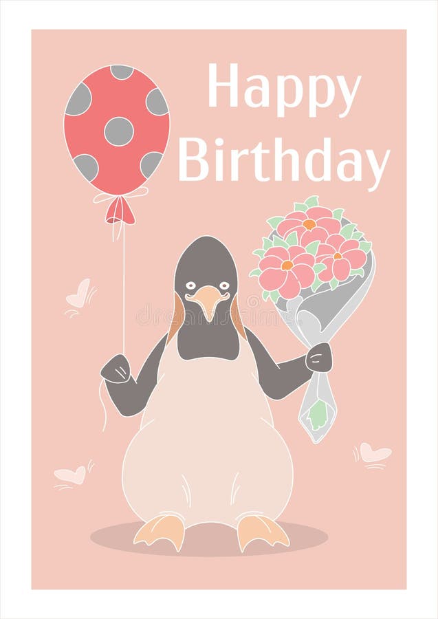 Birthday Greeting Card, a Penguin with a Bouquet Stock Vector ...