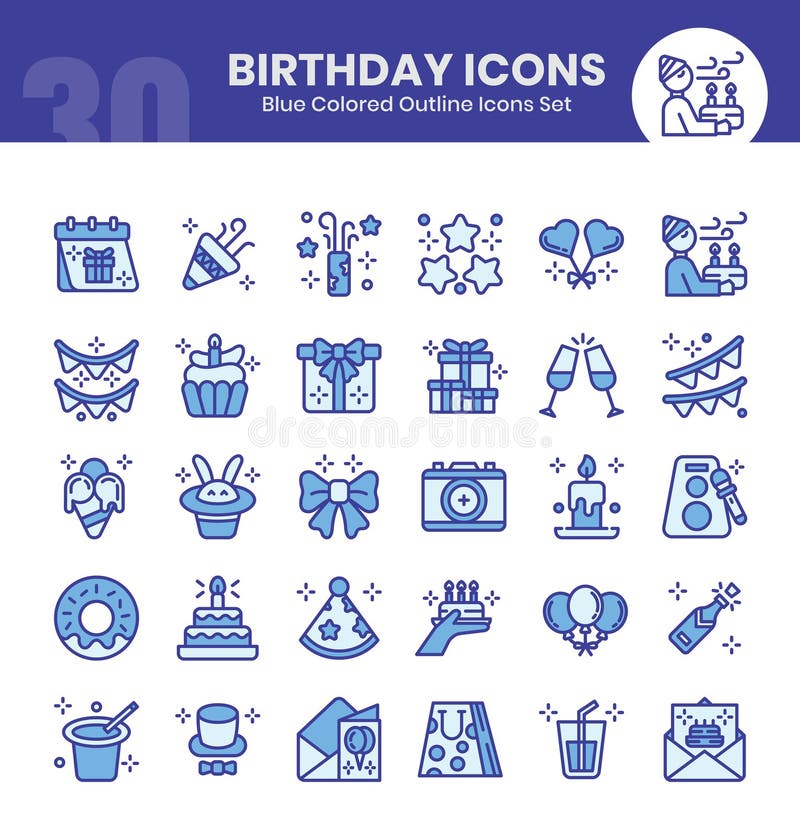 Birthday Icons Bundle. Blue Colored Outline Icon Style Stock Vector ...