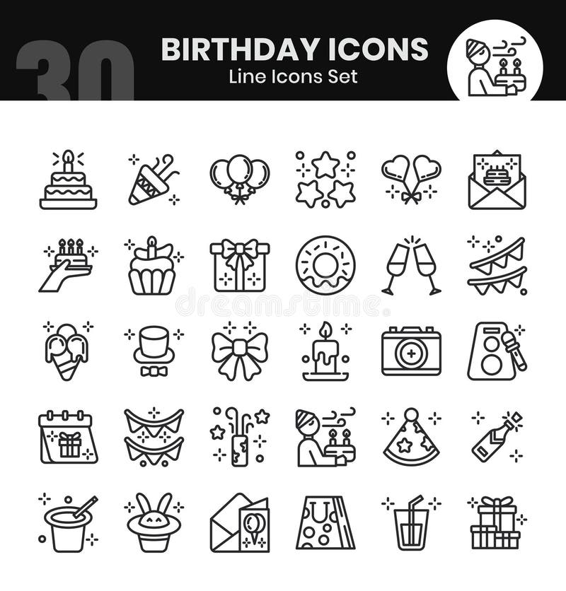 Birthday Icons Bundle. Thin Outline Icon Style Stock Vector ...