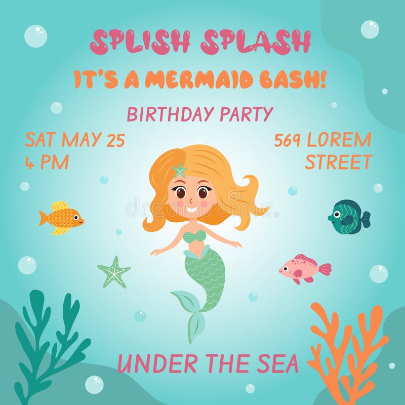 Birthday Invitation with Mermaid. Vector Template of Mermaid Birthday ...