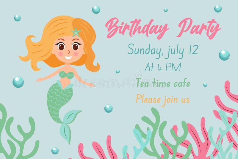 Birthday Invitation with Mermaid. Vector Template of Mermaid Birthday ...