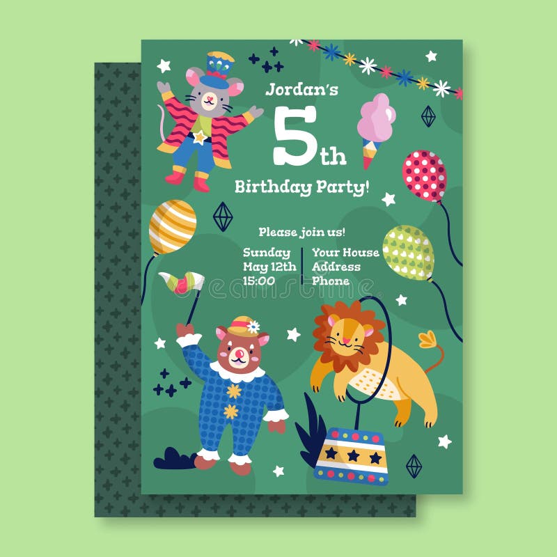 Birthday Invitation Template with Cartoon Animals Vector Design ...