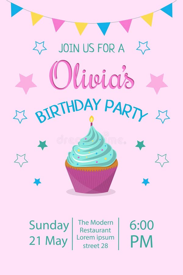 Birthday Invitation Template with Name, Date, Place. Stock Illustration ...