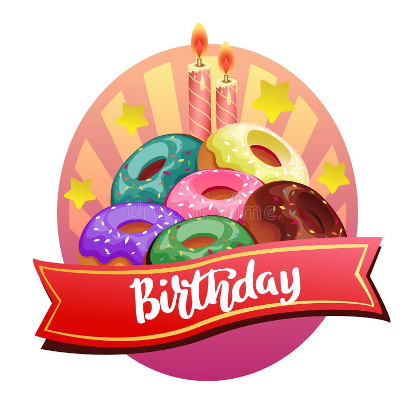 Birthday Label with Donut Cake Tower Stock Vector - Illustration of ...