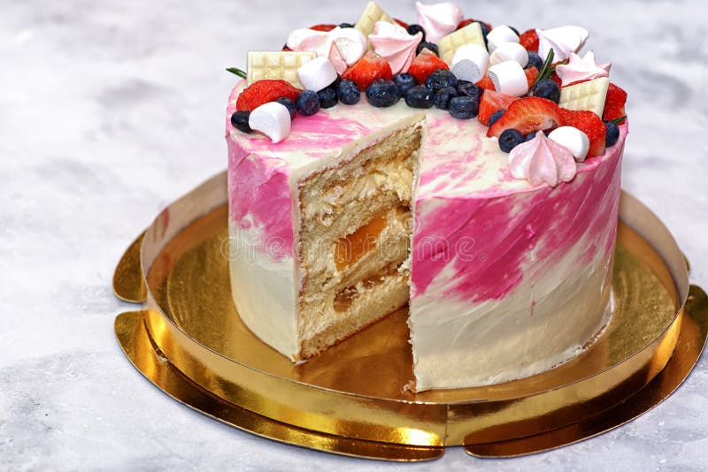 Birthday Layer Cream Cake with a Slice Cut Out Stock Photo - Image of ...