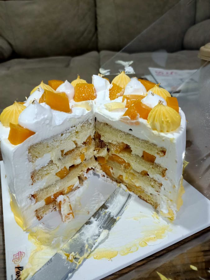 Birthday Mango Cake. Cut Off Stock Image - Image of fruit, meal: 231293317