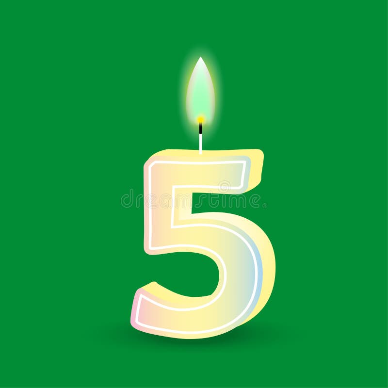 Birthday Number Five, Candle with Fire. 3D Number 5. Vector ...